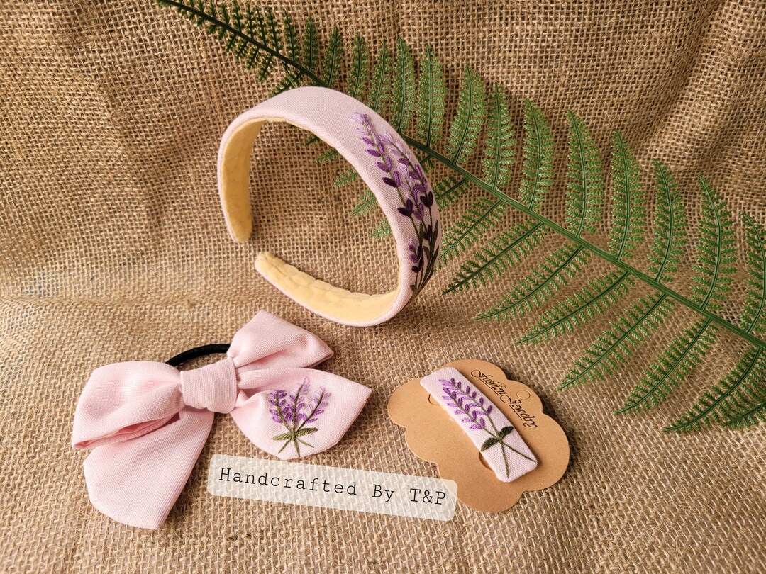 Set of Pink Embroidered Linen Headband, Clip and Bow - Etsy