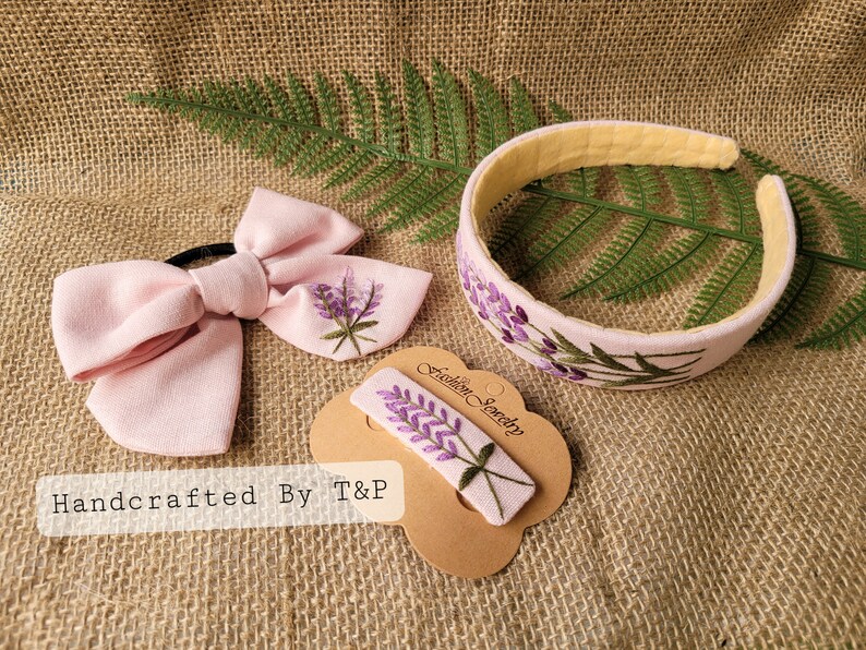 Set of Pink Embroidered Linen Headband, Clip and Bow - Etsy