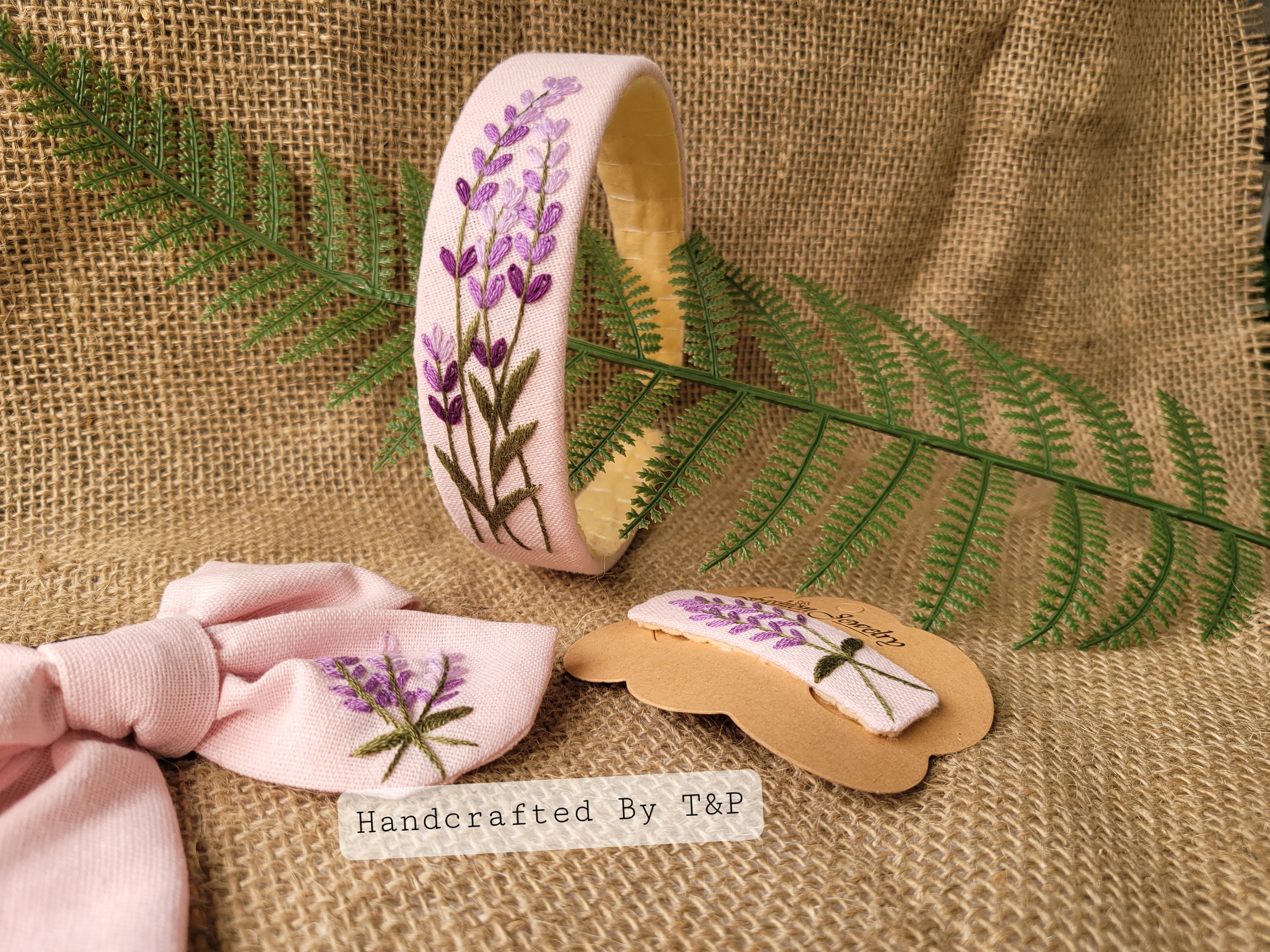 Set of Pink Embroidered Linen Headband, Clip and Bow - Etsy