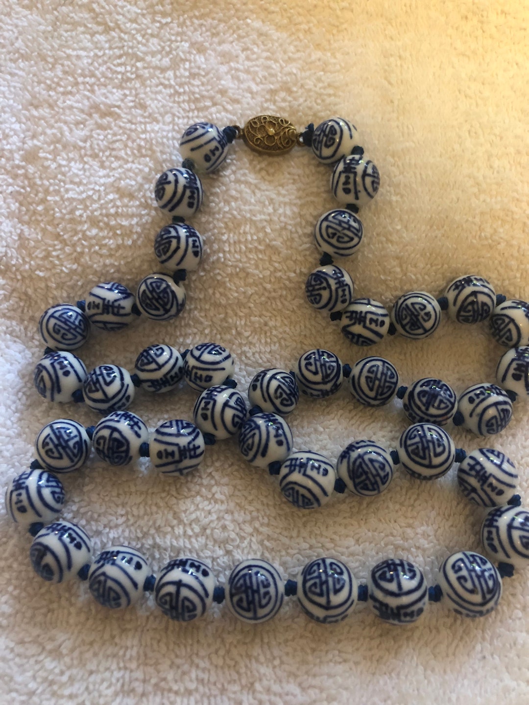 Rare Vintage Chinese Bead Necklace With Latch, Blue and White Hand ...