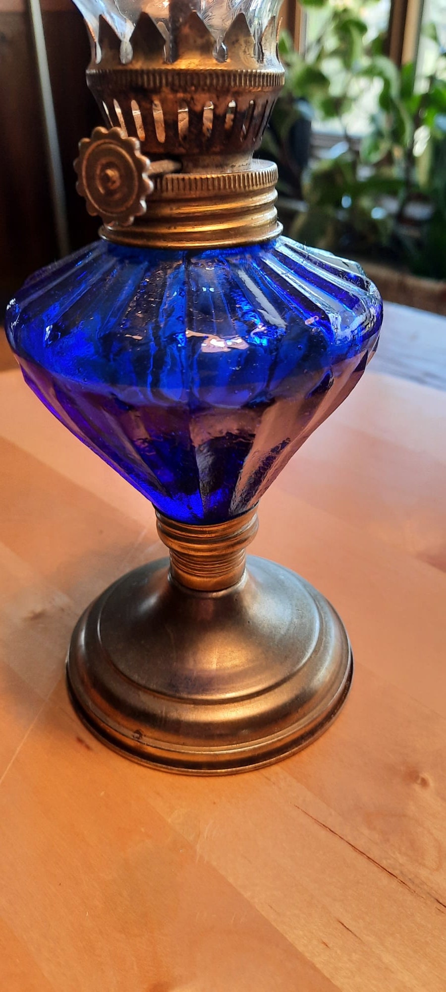 VTG Cobalt Blue Glass Font Oil Lamp, Clear Glass Chimney, Solid Brass ...