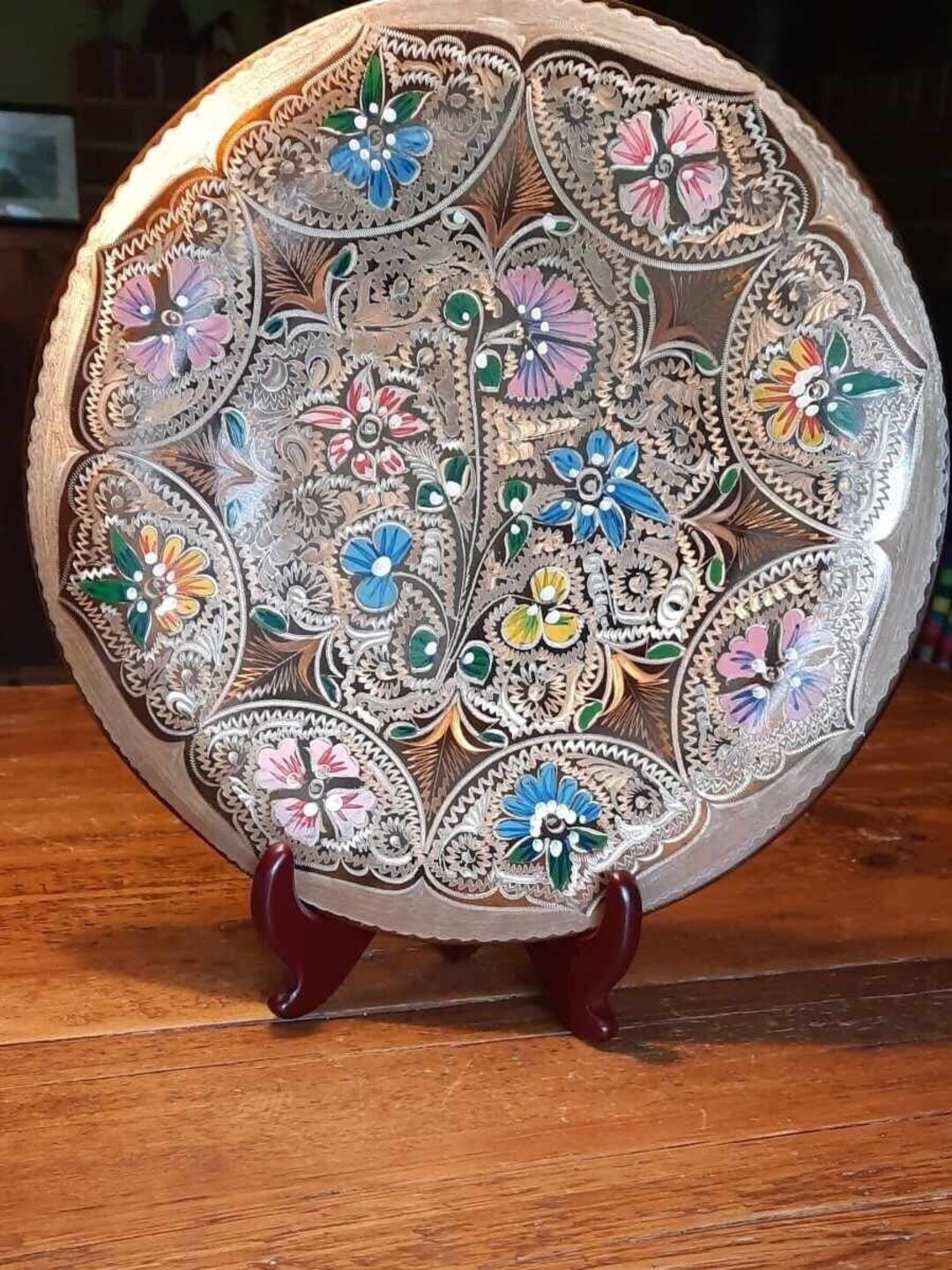 Vintage Brass Mandala Plate: Hand-painted Floral Boho Decor - Etsy