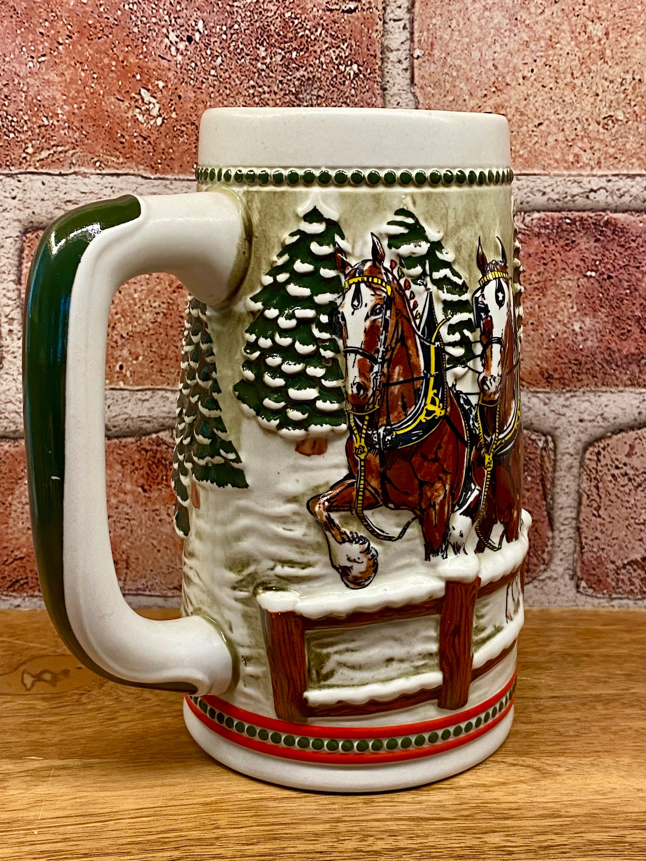 Budweiser Christmas Beer Mug, Covered Bridge and Clydesdales. 1984 ...