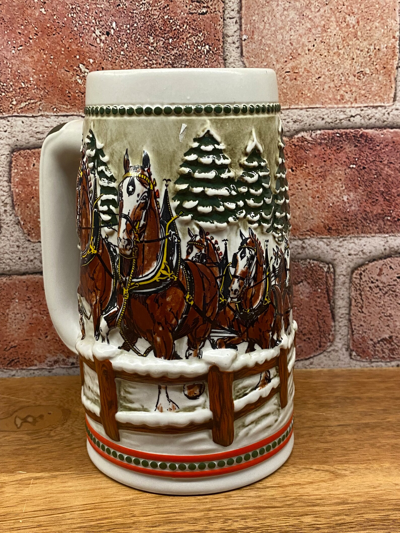 Budweiser Christmas Beer Mug, Covered Bridge and Clydesdales. 1984 ...