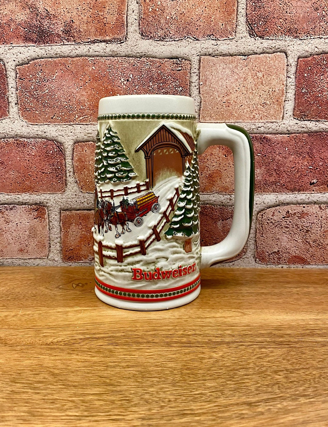 Budweiser Christmas Beer Mug, Covered Bridge and Clydesdales. 1984 ...