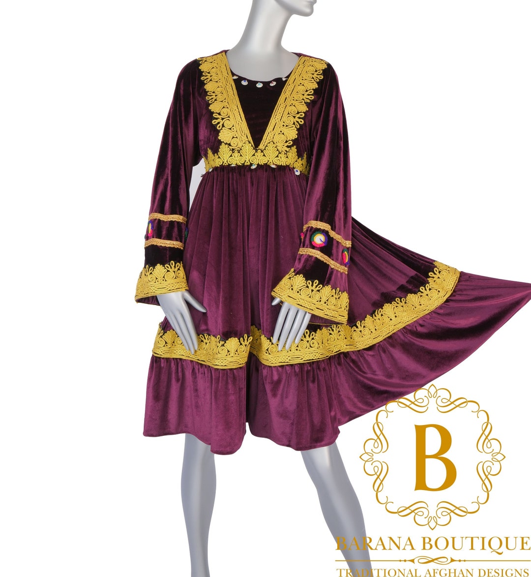 Velvet Long Sleeve Handmade Afghan Traditional Dress Velvet Cherma Dozi ...