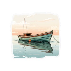 Rowboat on Lake Sticker, Watercolor Boat Sticker, Boat at Sunset ...