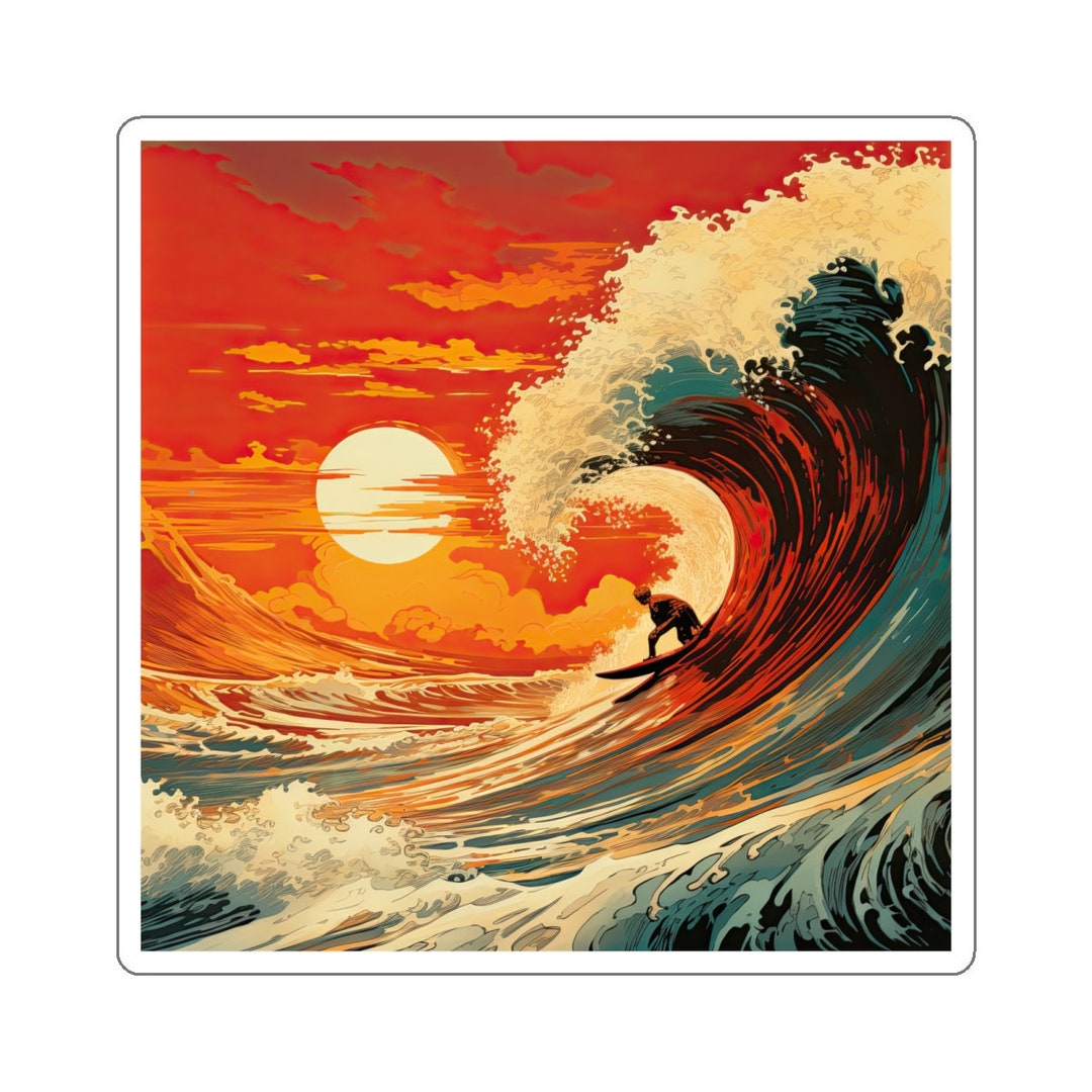 Bright Ocean Wave, Orange Sunset Sticker, Retro Wave Sticker, Colorful ...