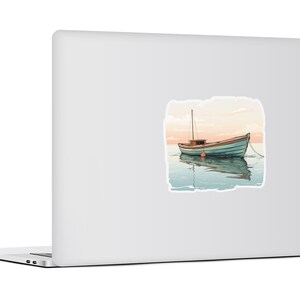 Rowboat on Lake Sticker, Watercolor Boat Sticker, Boat at Sunset ...