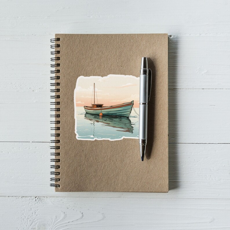 Rowboat on Lake Sticker, Watercolor Boat Sticker, Boat at Sunset ...