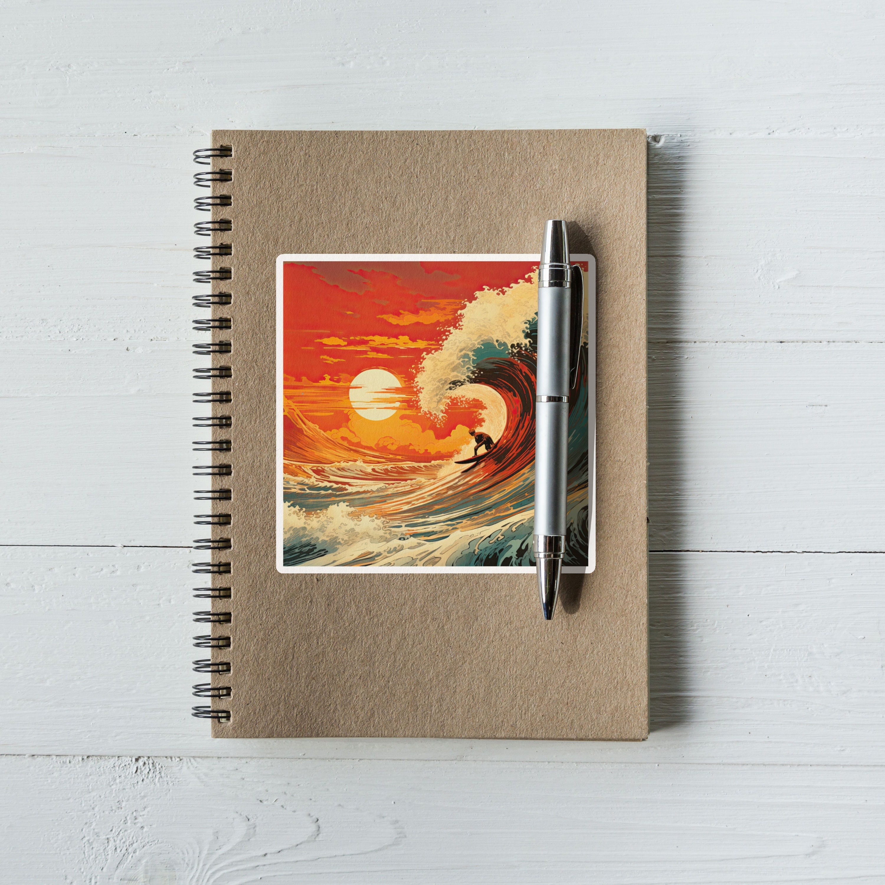Bright Ocean Wave, Orange Sunset Sticker, Retro Wave Sticker, Colorful ...