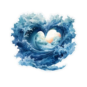 Bright Ocean Heart Sticker, Heart Wave Sticker, Ocean Love Sticker ...