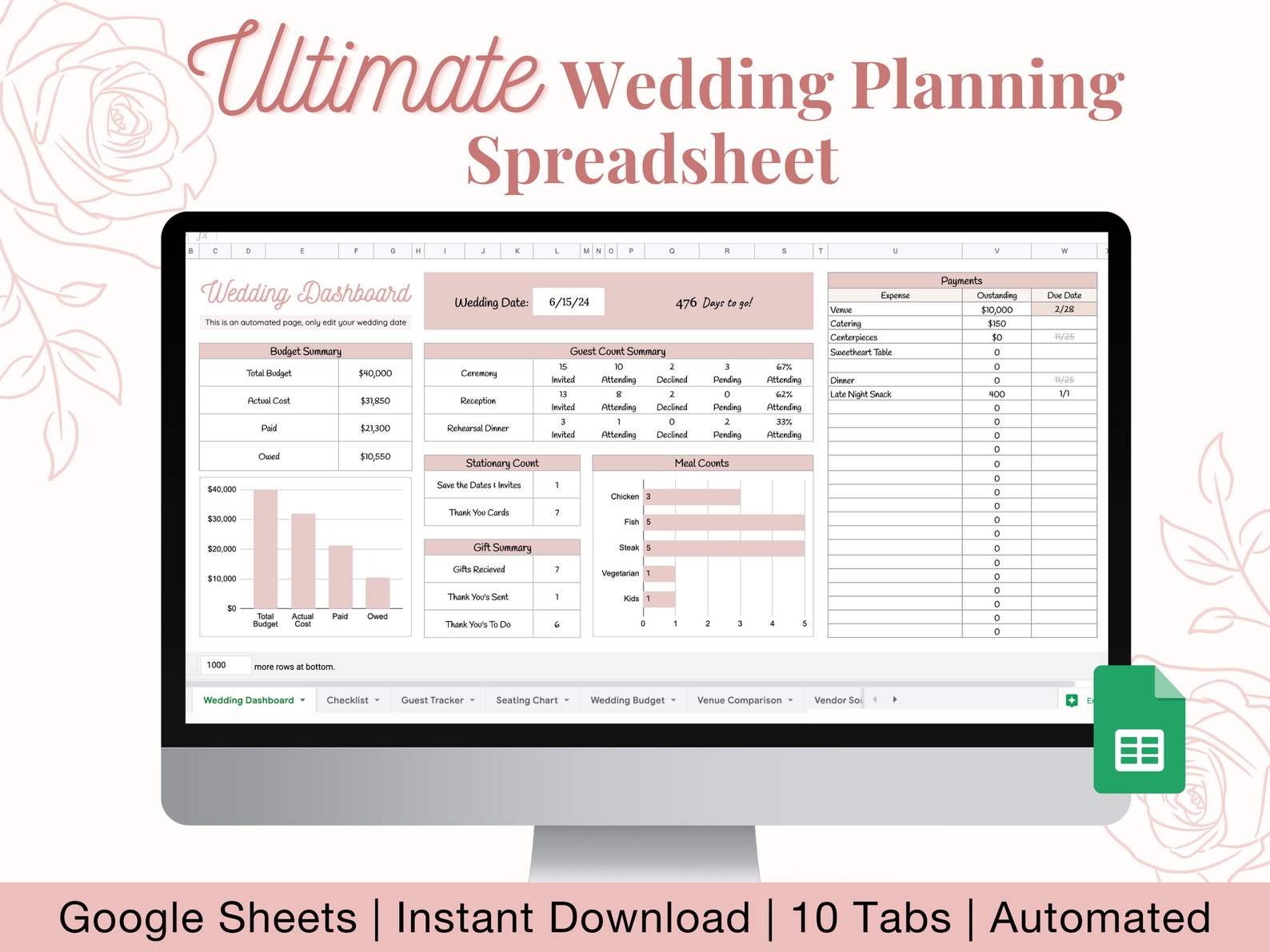 Ultimate Wedding Planning Spreadsheet, Wedding Budget Spreadsheet ...