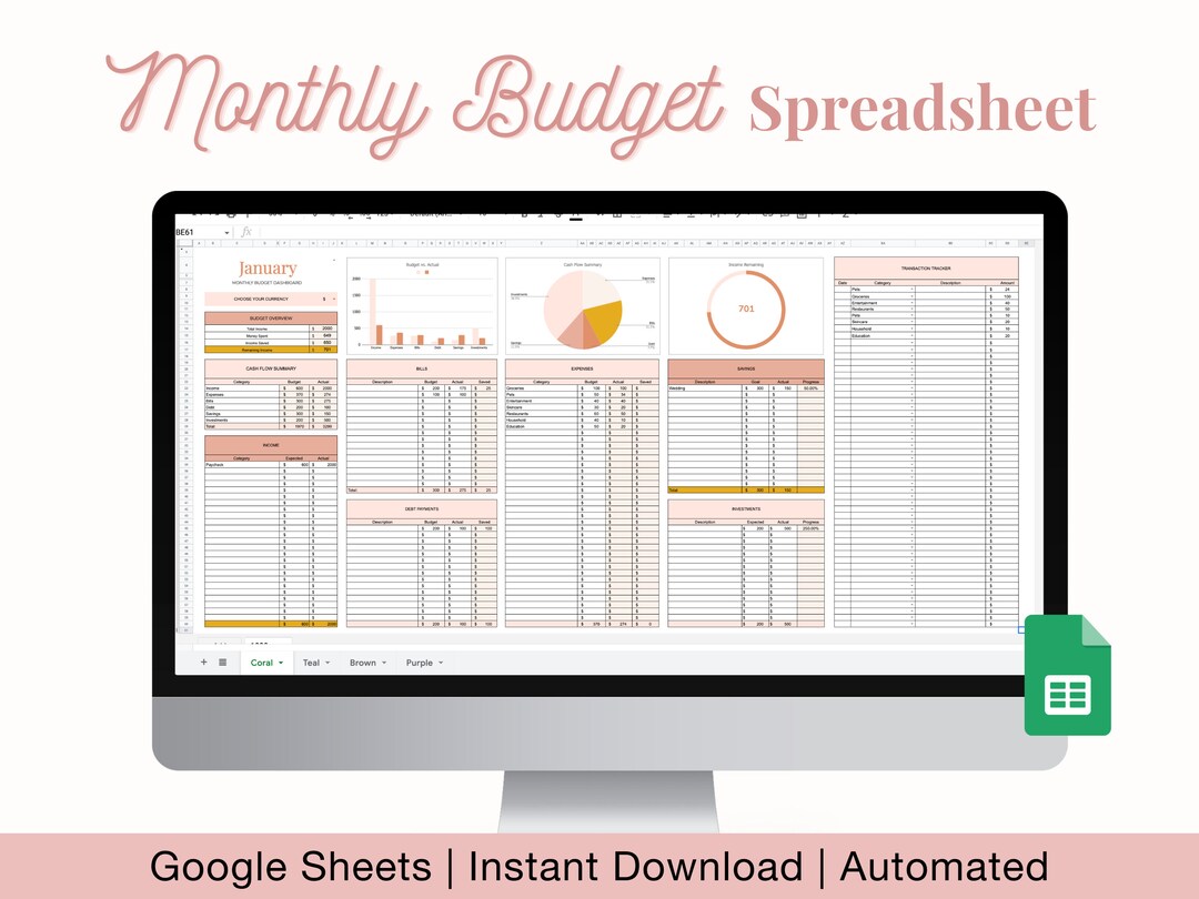 Monthly Budget Planner for Google Sheets, Budget Spreadsheet, Expense ...