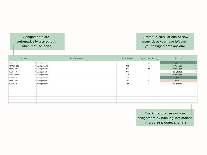 Assignment Tracker for Google Sheets, Student Planner, Academic Planner ...