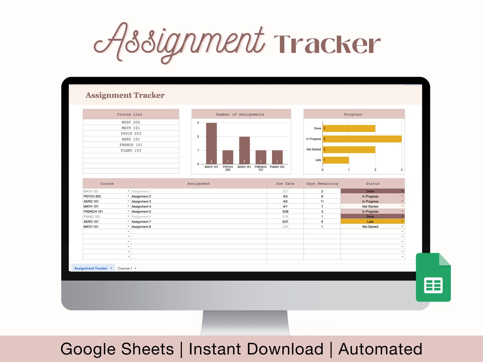 Assignment Tracker for Google Sheets, Student Planner, Academic Planner ...