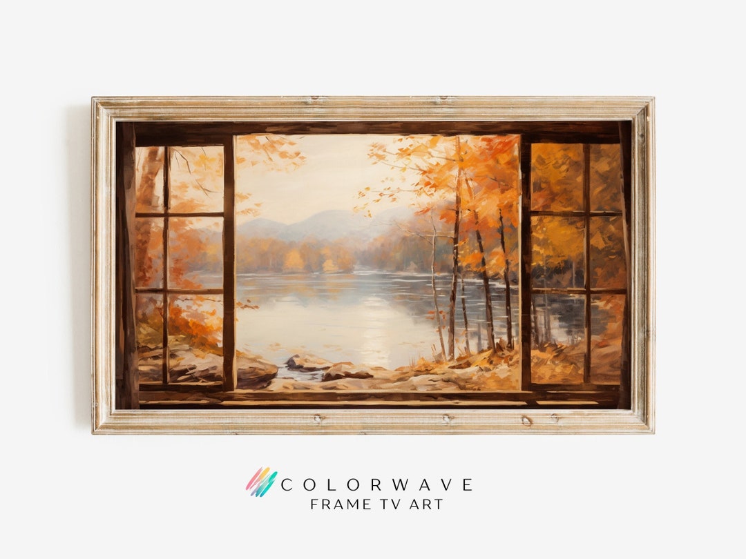 Autumn Cabin View of Lake Frame TV Art | Fall Wall Art | Vintage Art ...