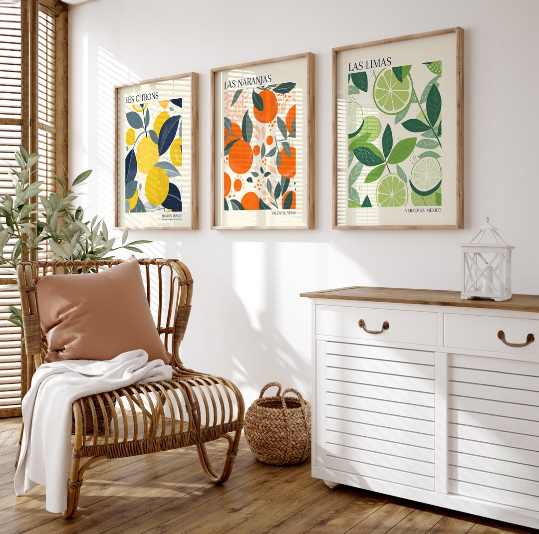 Set of 3 Citrus Prints | Boho Kitchen Wall Art | Lemon Decor | Orange ...