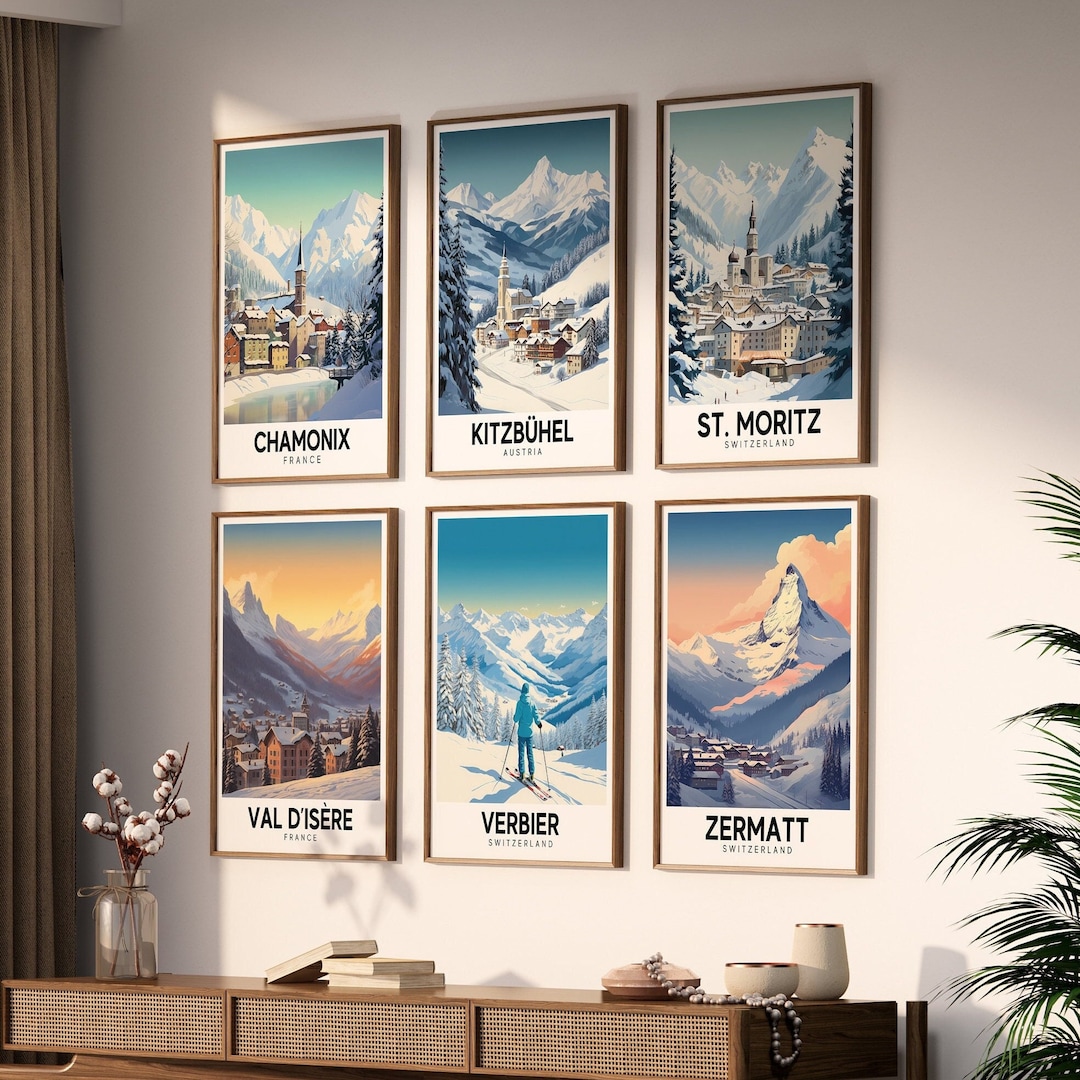 6 Retro European Ski Resort Travel Posters | Mountain Wall Art ...