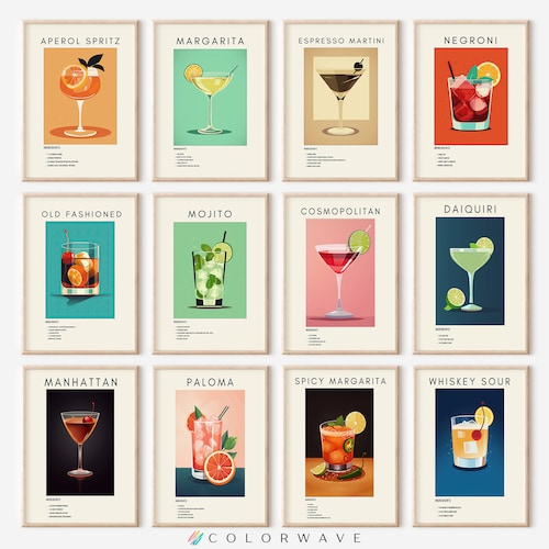 Set of 12 Cocktail Prints Classic Cocktail Wall Art - Etsy