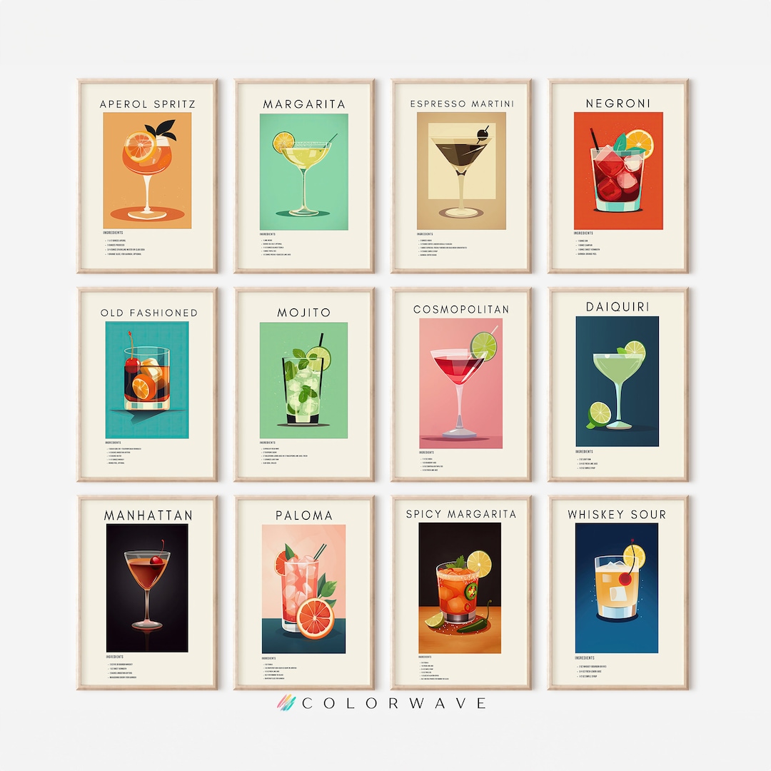 Set of 12 Cocktail Prints | Classic Cocktail Wall Art | Minimalist ...