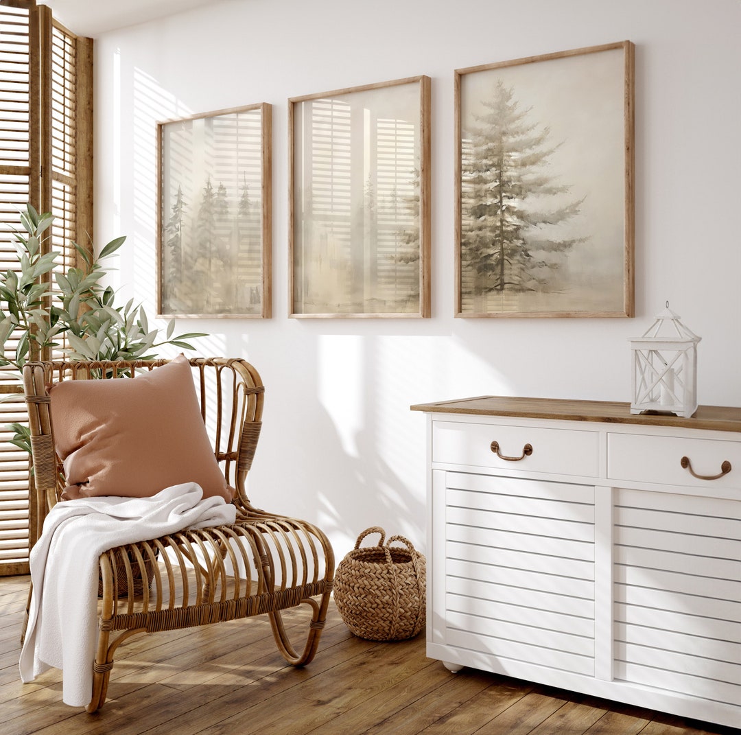 Neutral Fir Tree Wall Art Triptych | Farmhouse Wall Decor | Forest Wall ...