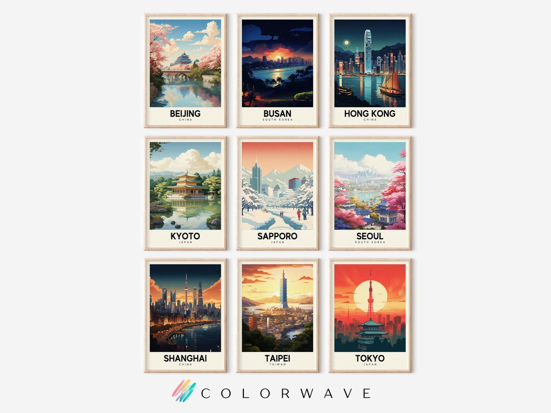 9 Retro East Asia Travel Posters | Colorful Retro City Art | Vintage ...