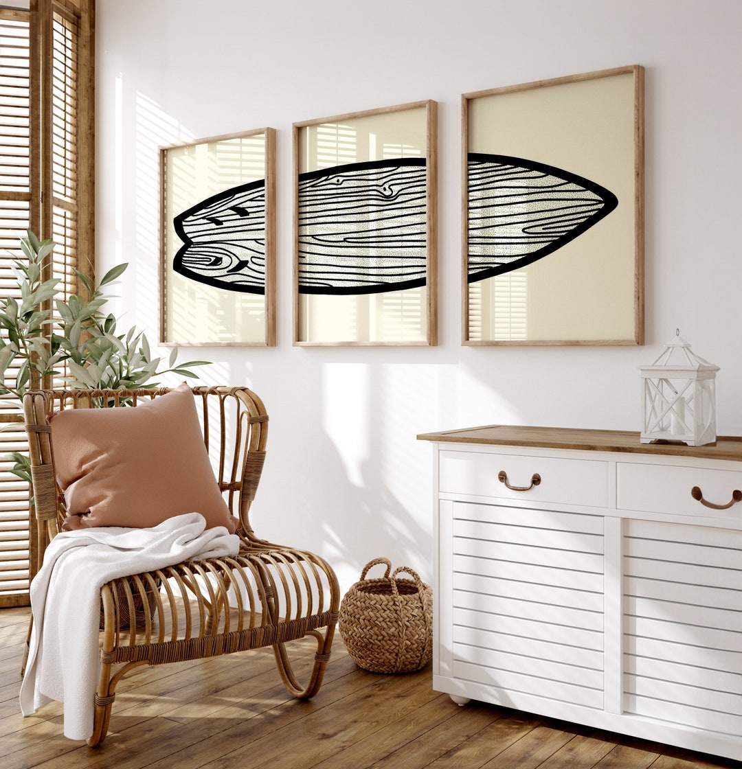 Boho Black Surfboard Triptych Beach Art Print Surf Wall Art Beach House ...