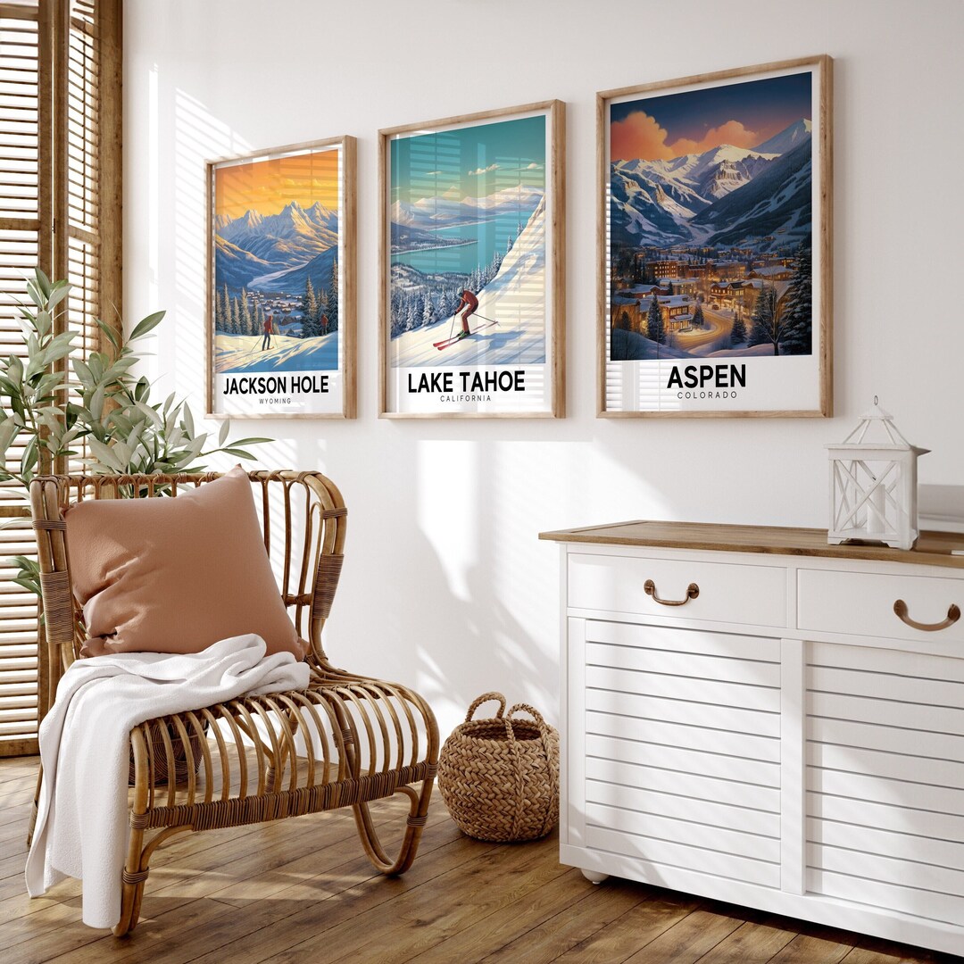 3 Retro US Ski Resort Travel Posters Mountain Wall Art Cabin Decor ...