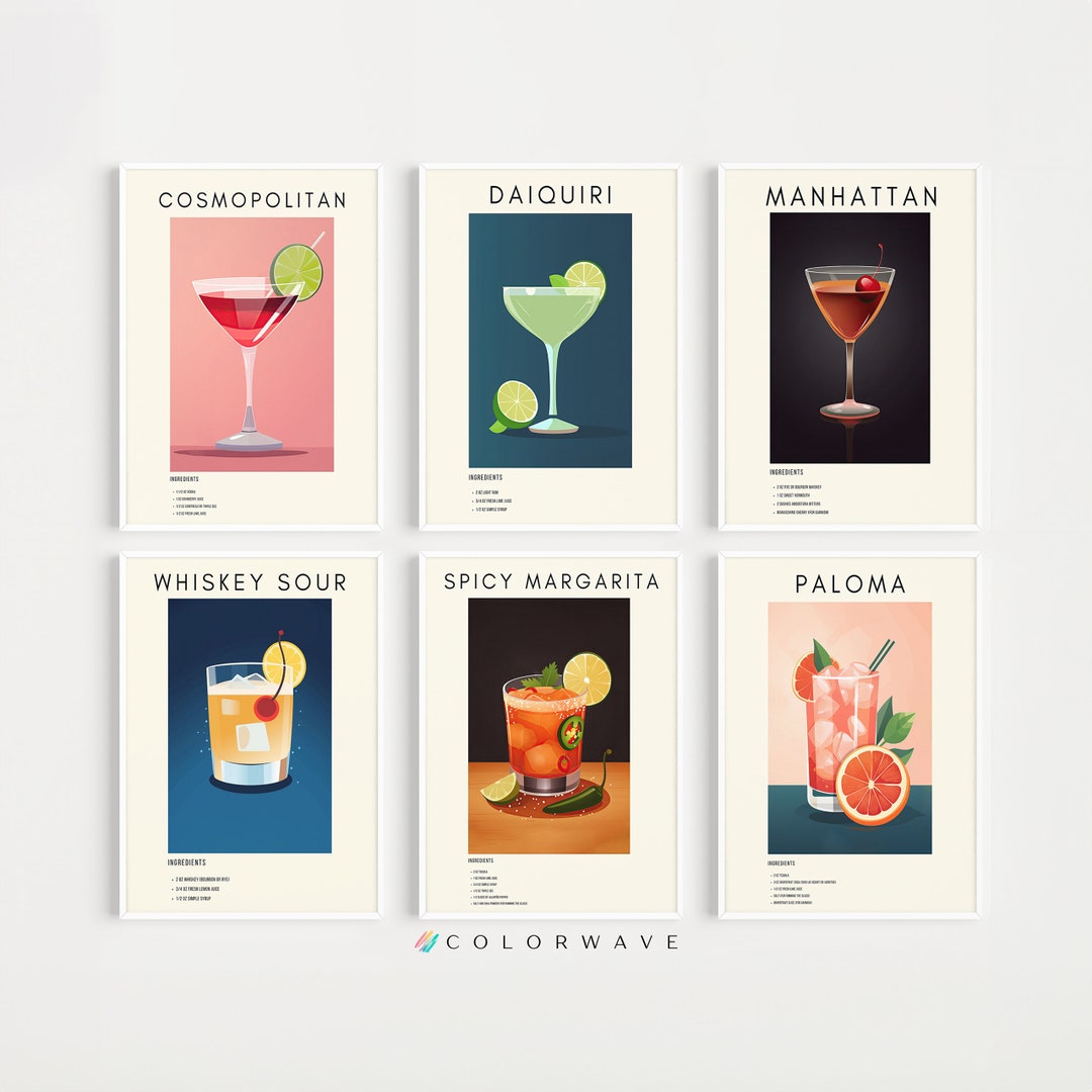 Set of 6 Cocktail Prints | Classic Cocktail Wall Art | Minimalist ...