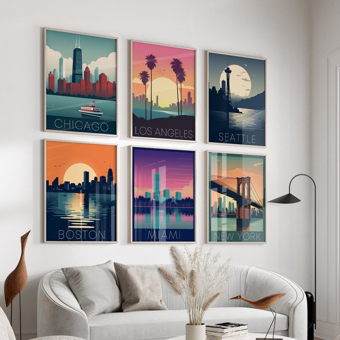 Set of 6 US Cities Travel Posters | Minimalist Retro Wall Art ...