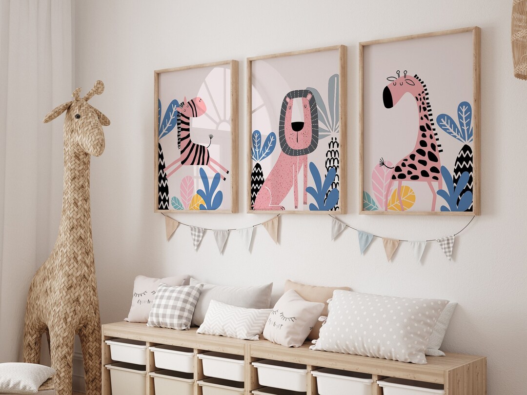3 Boho Safari Animals Nursery Wall Art | Zebra Lion Giraffe Wall Art ...