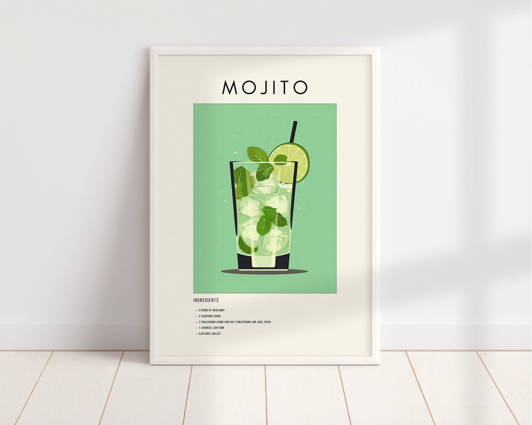Mojito Cocktail Print | Green Minimalist Retro Digital Art | Bar Cart ...