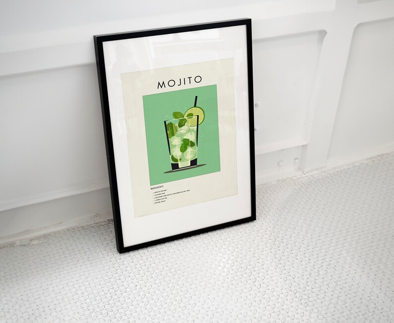 Mojito Cocktail Print | Green Minimalist Retro Digital Art | Bar Cart ...