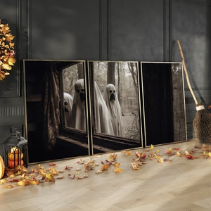 Ghost Outside Window Moody Halloween Triptych | Witchy Wall Art ...