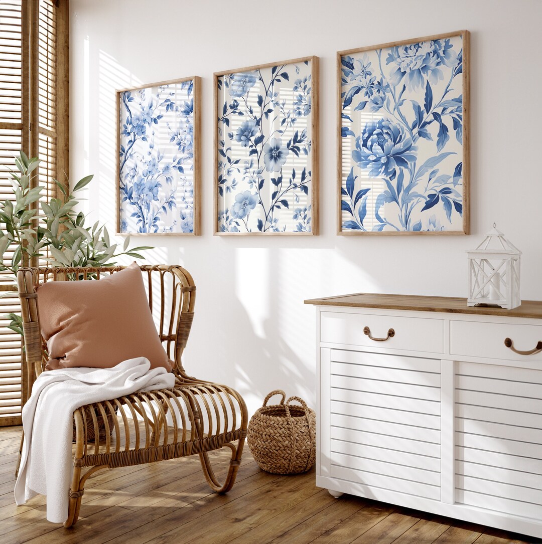 3 Blue Floral Pattern Chinoiserie Prints | Blue and White Botanical ...