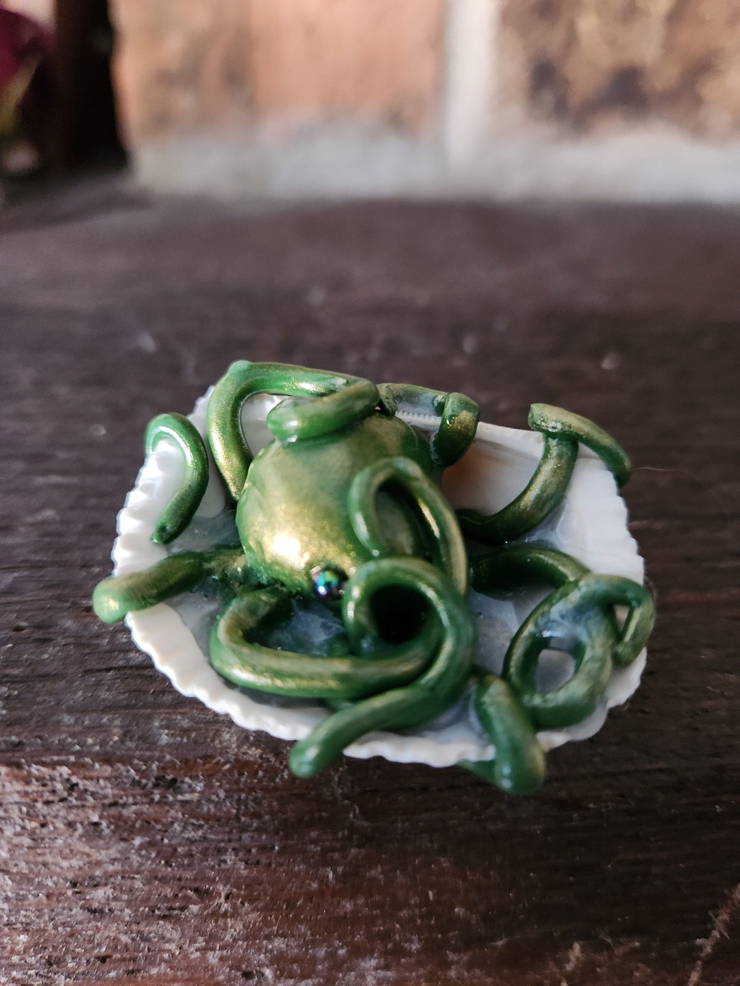 Green Mini Clay Octopus Coming Out of a Seashell Ocean Trinket, Octopus ...