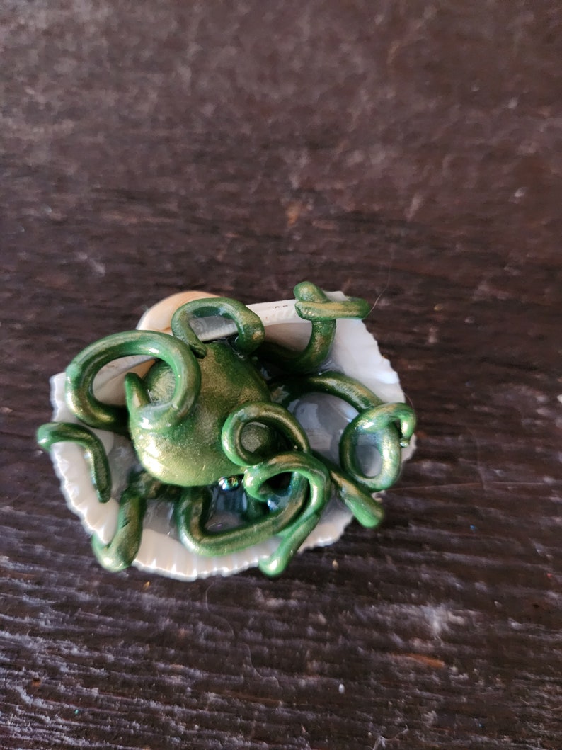 Green Mini Clay Octopus Coming Out of a Seashell Ocean Trinket, Octopus ...