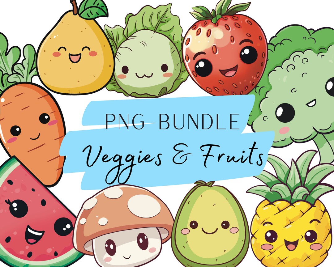 Cute Kawaii Clipart Bundle, Fruits and Veggies, Fruit, Fruits Png ...