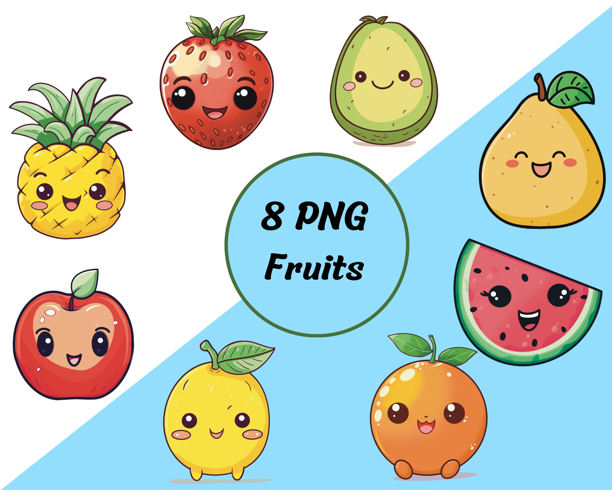 Cute Kawaii Clipart Bundle, Fruits and Veggies, Fruit, Fruits Png ...