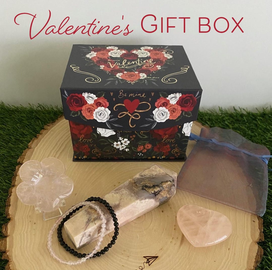 Valentine's 'be Mine' Gift Box- Flower Agate Wand, Rose Quartz Heart ...