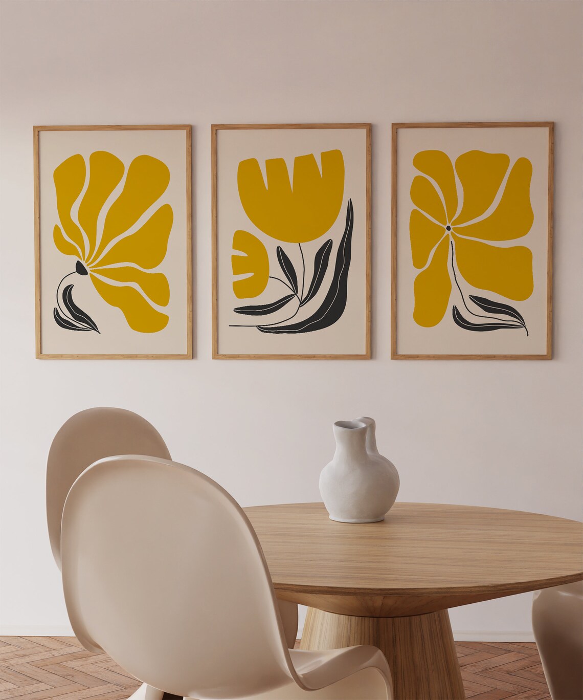 Abstract Flowers Print Set of 3, Digital Art, Boho Wall Decor in Yellow ...