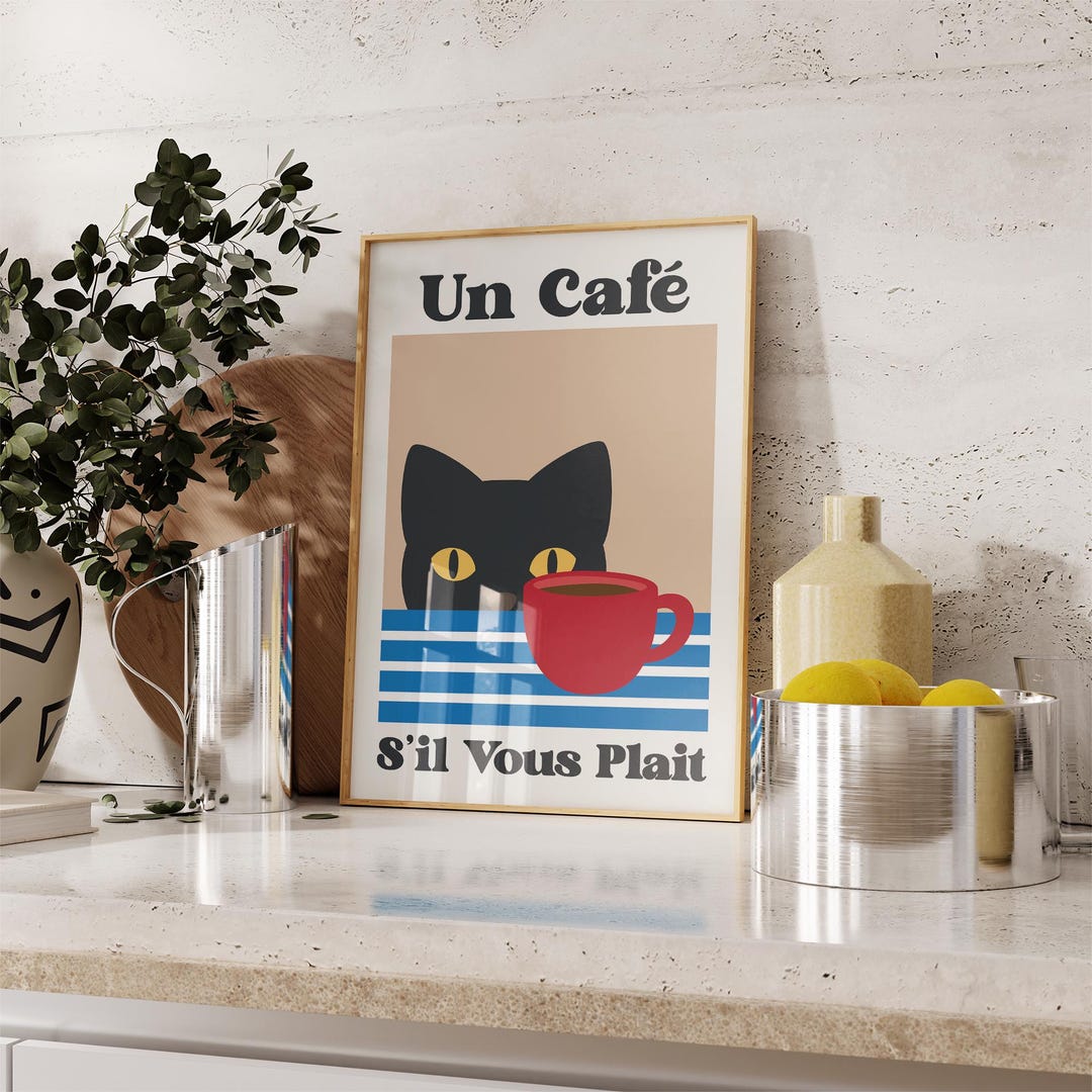 French Cafe Cat Print, Un Cafe Sil Vous Plait, Retro Drink Poster ...