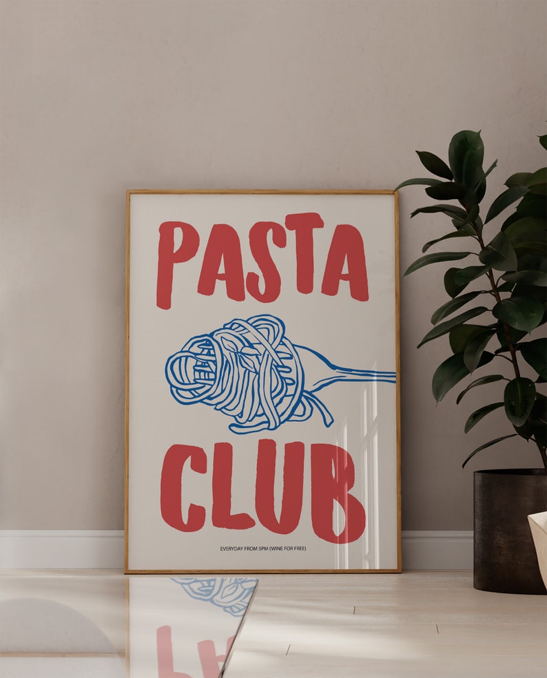 Hand Drawn Pasta Print, Pasta Club Poster, Modern Dinning Room Art ...