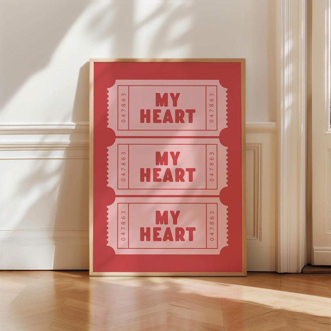 My Heart Ticket Print in Pink and Red, Girly Valentines Home Decor ...