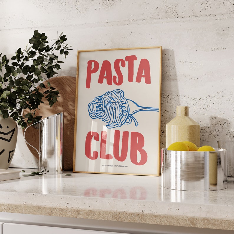 Hand Drawn Pasta Print, Pasta Club Poster, Modern Dinning Room Art ...