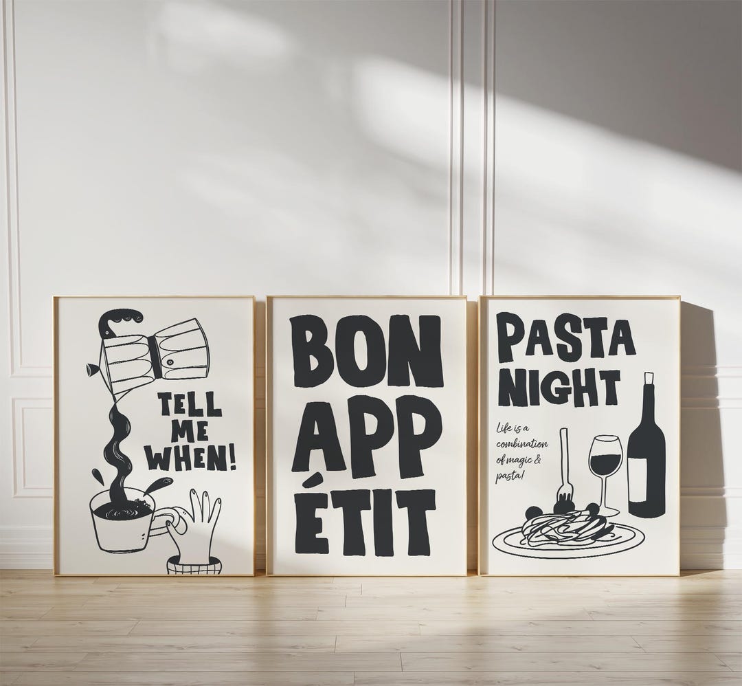 Retro Kitchen Print Set: Pasta, Coffee, Funny Food Art (digital Prints ...