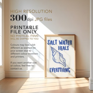 Salt Water Heals Everything Print, Digital Art, Blue Seashell Art Print ...