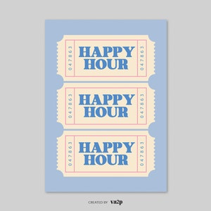Happy Hour Ticket Print, Bar Cart Decor, Trendy Wall Art, Retro Ticket ...