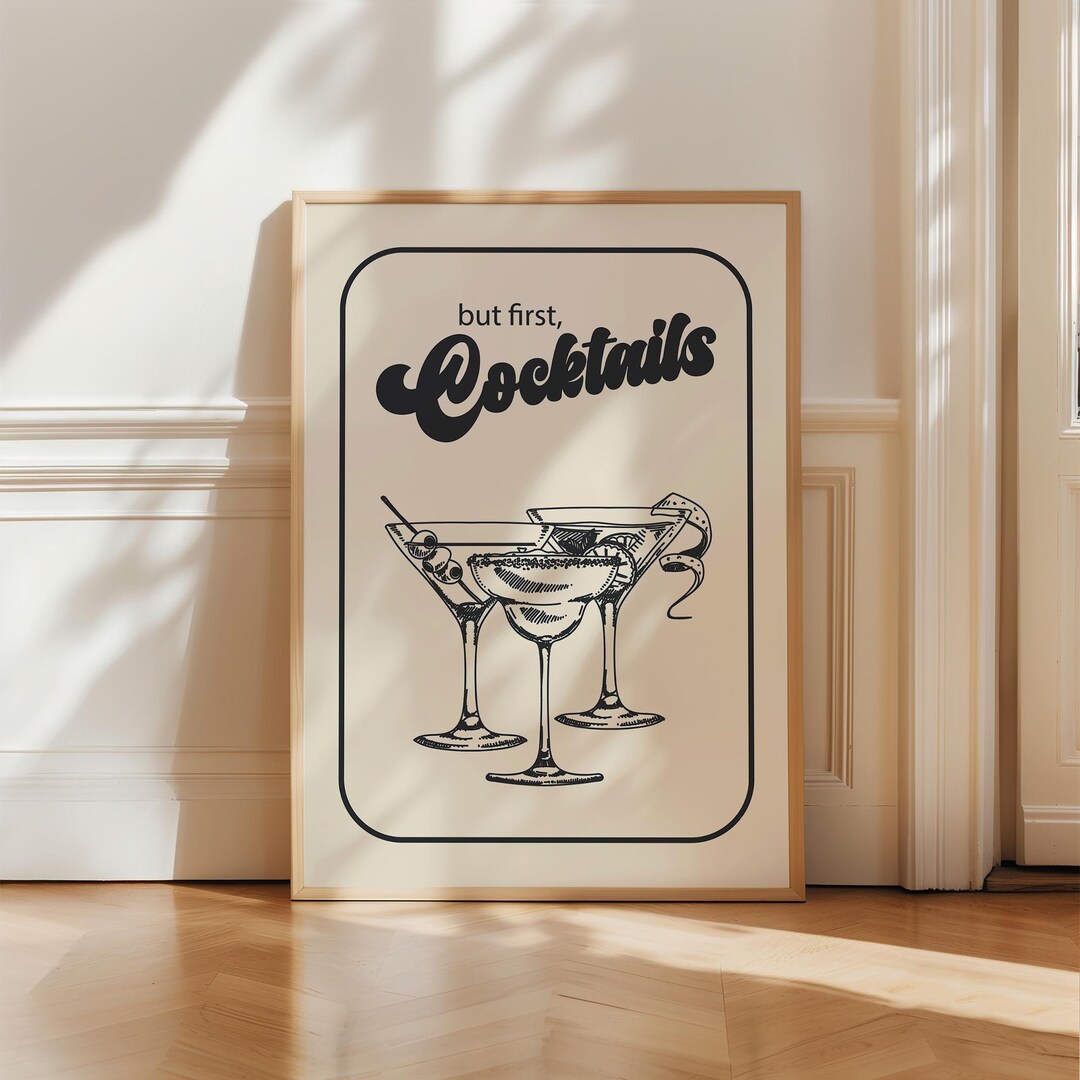 Retro Bar Cart Cocktail Print: Black & Neutral Kitchen Art (digital ...